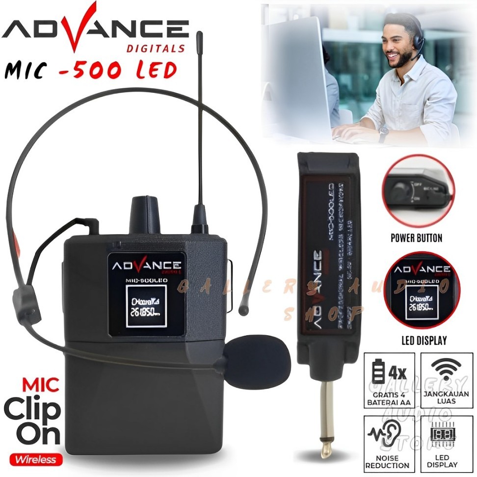 Jual Advance MIC-500 Mic Clip On Bando Wireless Microphone Receiver LED Display / Microphone ...