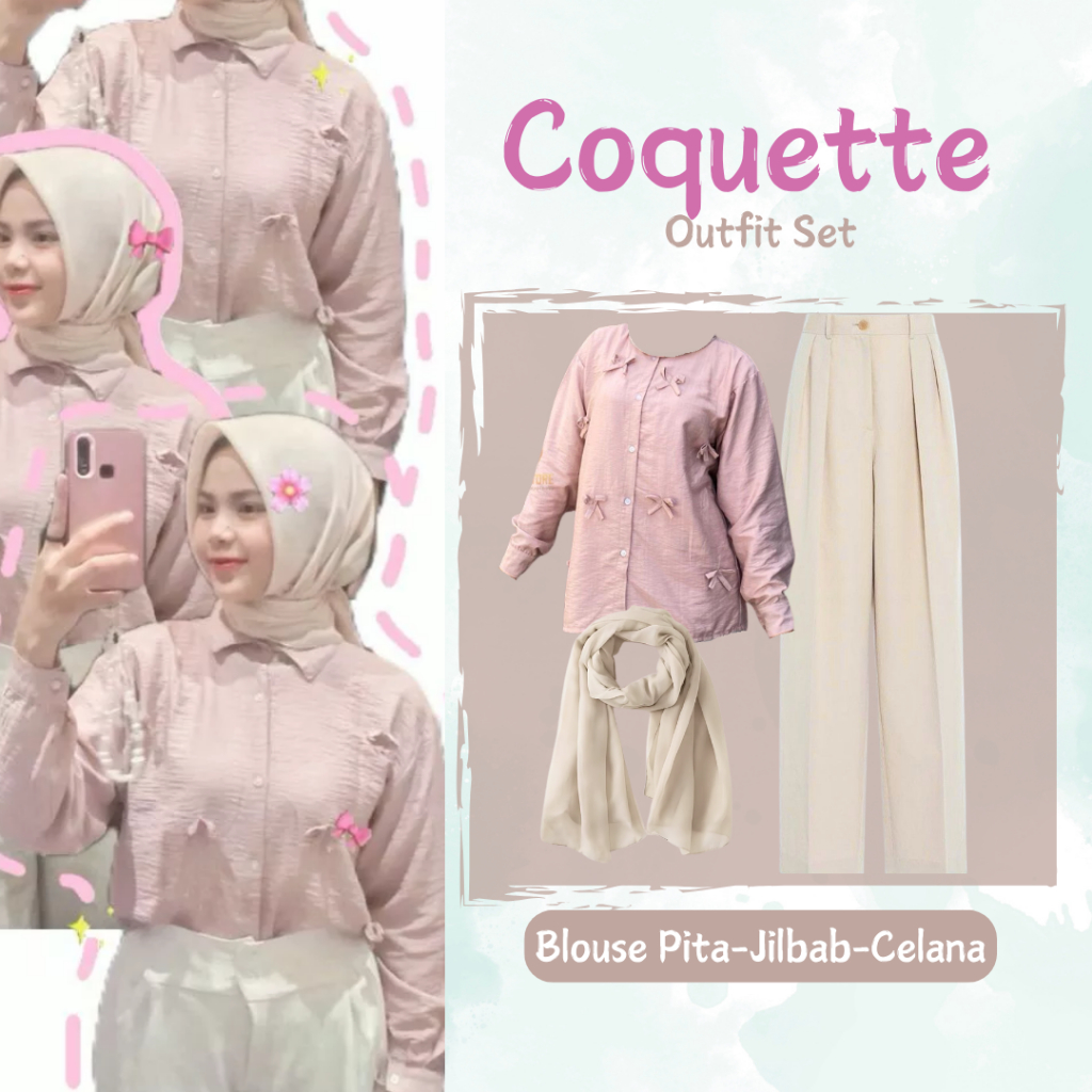 Jual Coquette Outfit - One Set Wanita Kekinian (Kemeja Pita - Loose ...