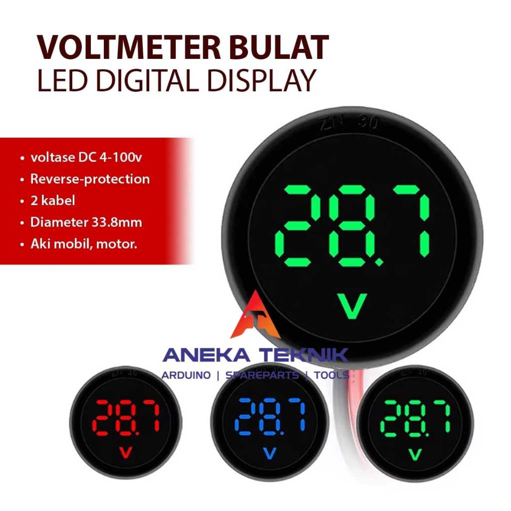 Jual Voltmeter Bulat LED Digital Display DC 4-100V 2 Kabel / Circular ...