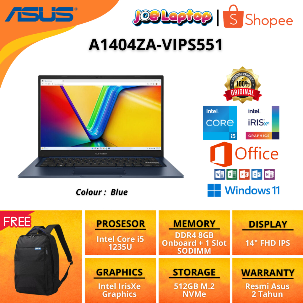 Jual Asus Vivobook 14 A1404ZA-VIPS551 Blue i5 1235U Win11 OHS | Shopee ...