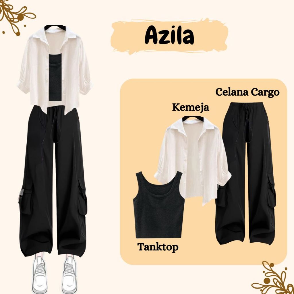 Jual 02 -> Azila Outfit12 | One Set ( Kemeja Putih + Tanktop + Celana ...