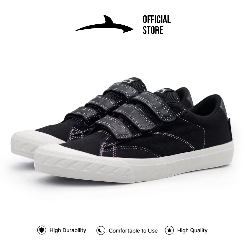 Jual FINS Basic Velcro Black White - Sepatu Sekolah Hitam Sneakers Pria ...