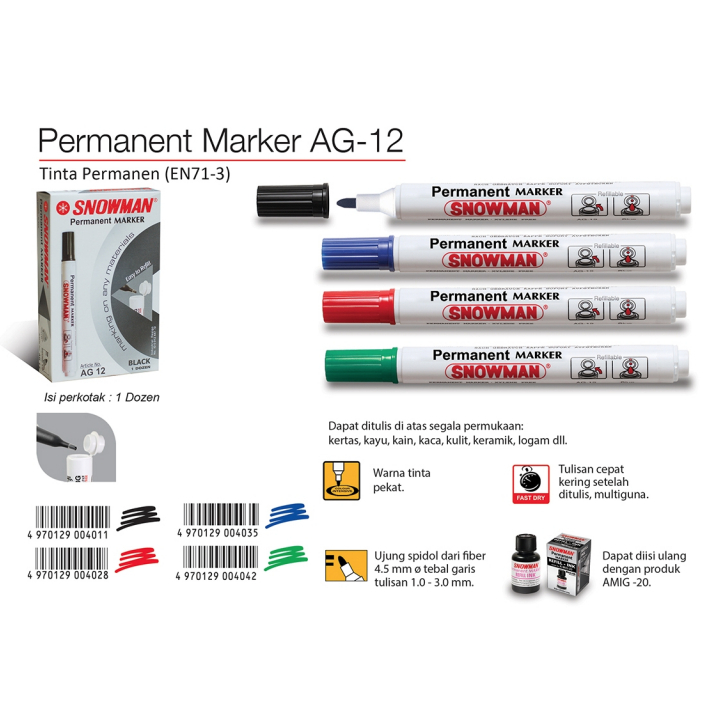 Jual Spidol Snowman Permanent AG-12 (Per Lusin) | Shopee Indonesia