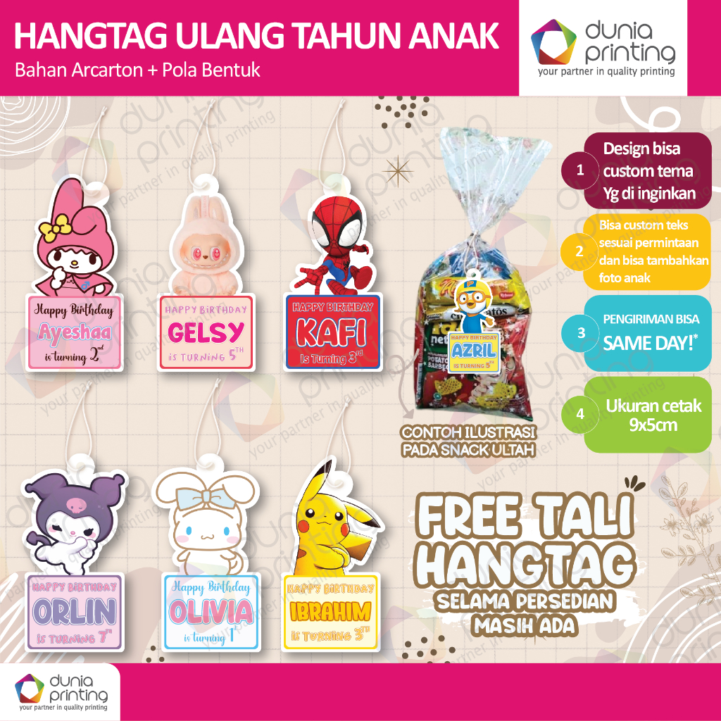 Jual [ISI 20pcs] Hang tag Ulang Tahun Karakter | Hang tag Custom Ulang ...