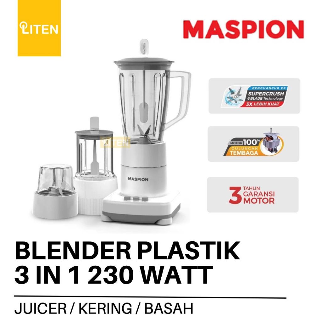 Jual MASPION Blender Pelumat Plastik with Wet Miller and Dry Miller 1 Liter MT-1273 PL 3 in 1 ...