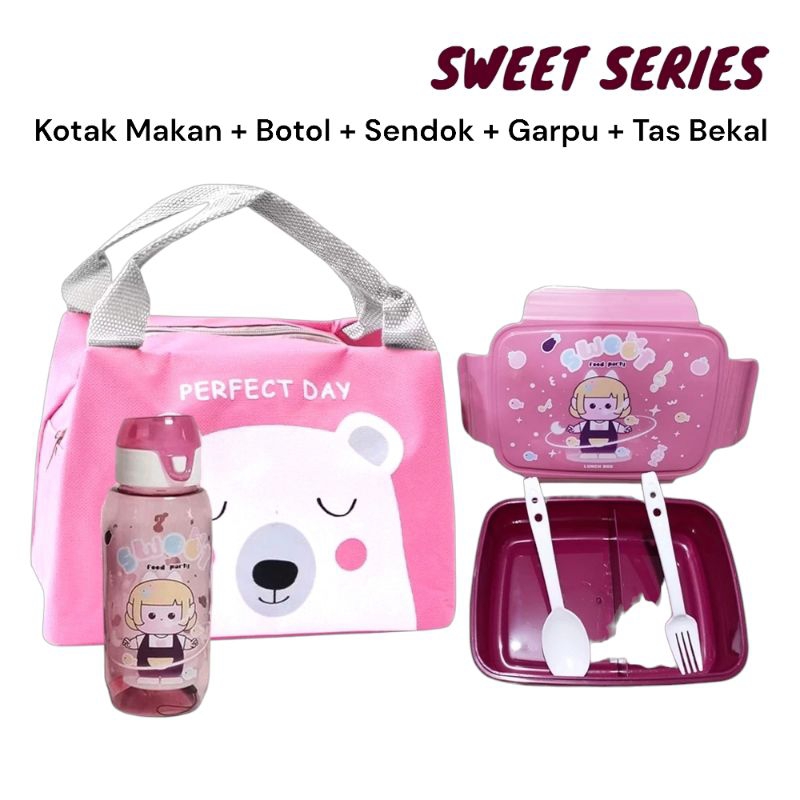 Jual SWEET SERIES || Set Lunch Box Kotak Makan Botol Minum Tas Bekal Sendok Garpu | Shopee Indonesia