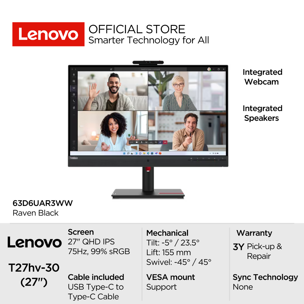 Jual Lenovo Monitor T27hv-30 63D6UAR3WW Black 27" QHD IPS 300nits 75Hz ...