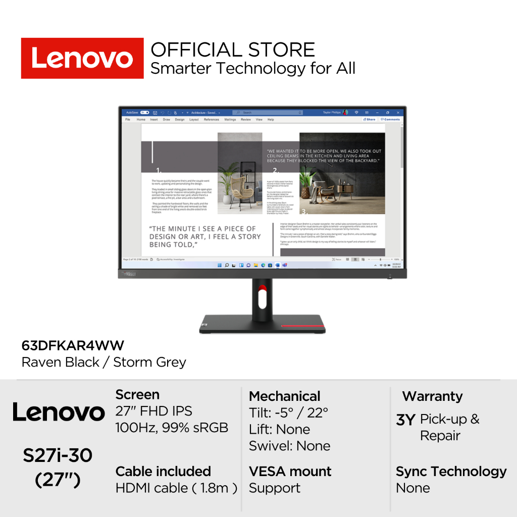 Jual Lenovo Monitor ThinkVision S27i-30 63DFKAR4WW Raven Black 27" FHD ...