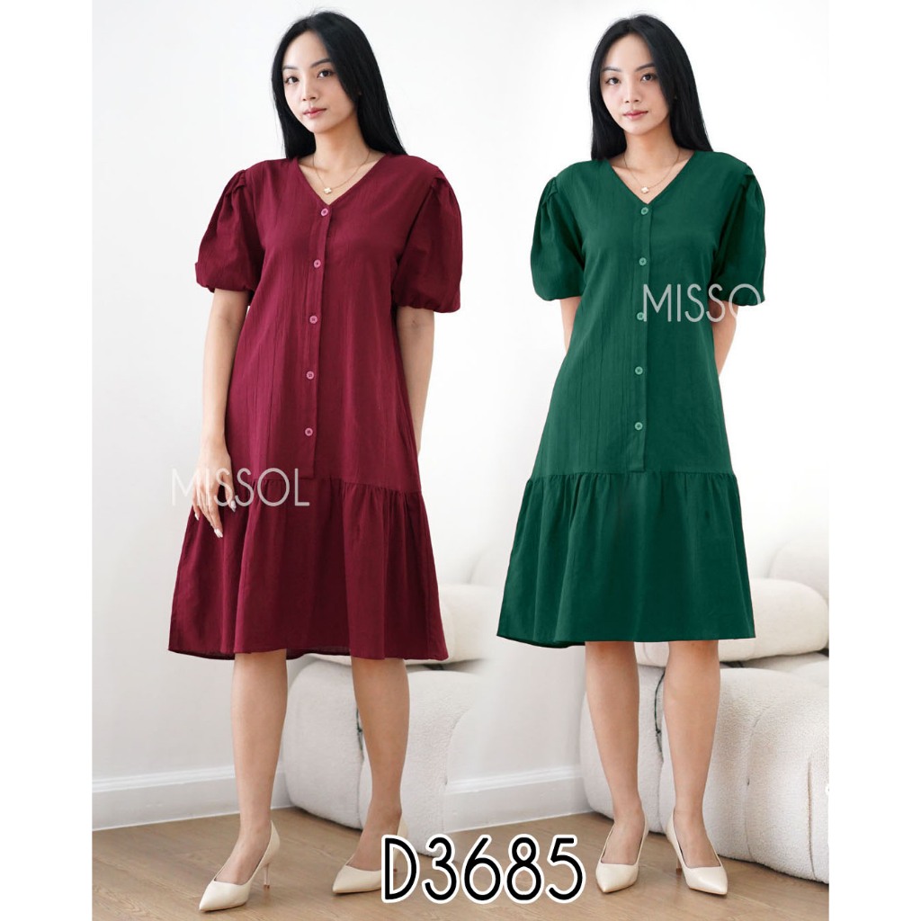Jual MISSOL Dress linen midi polos lengan balon bisa untuk busui D3685 ...