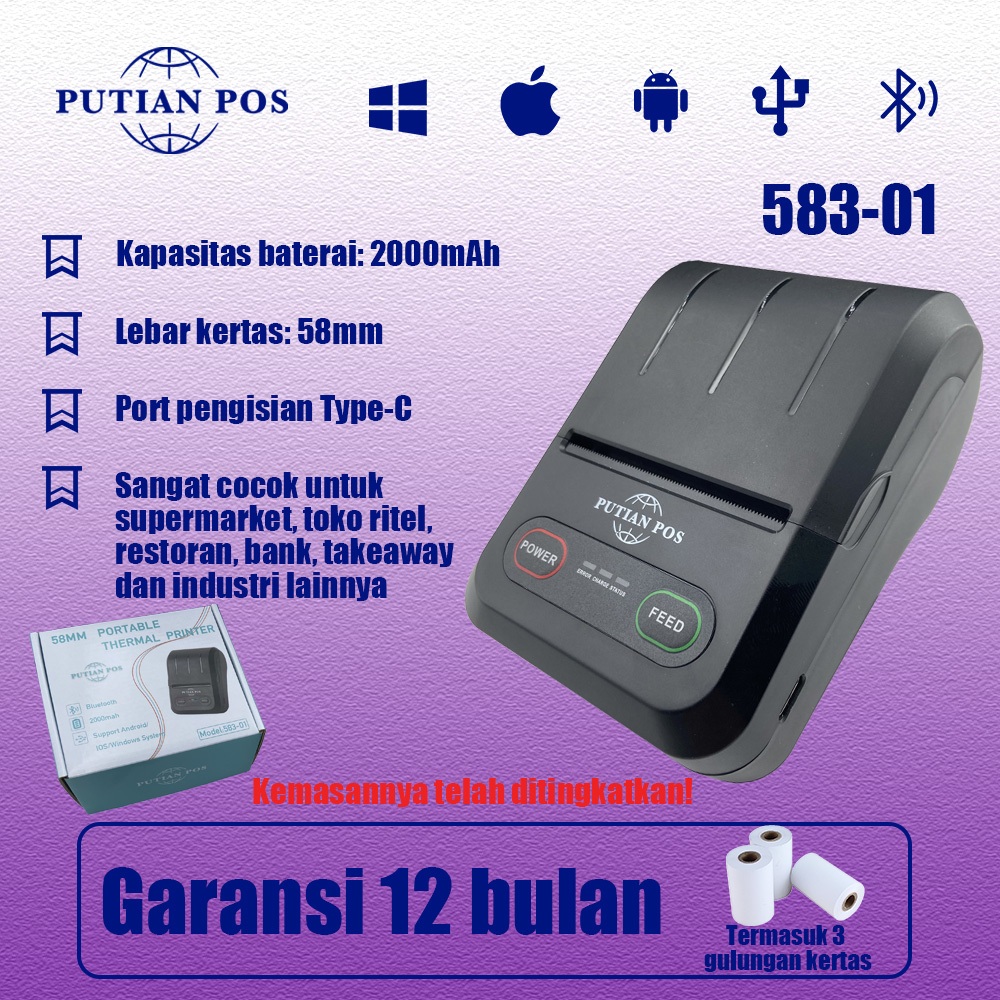 Jual PUTIAN POS Mini Portable Thermal Printer 583-01 RPP02N Bluetooth Thermal Receipt Printer ...