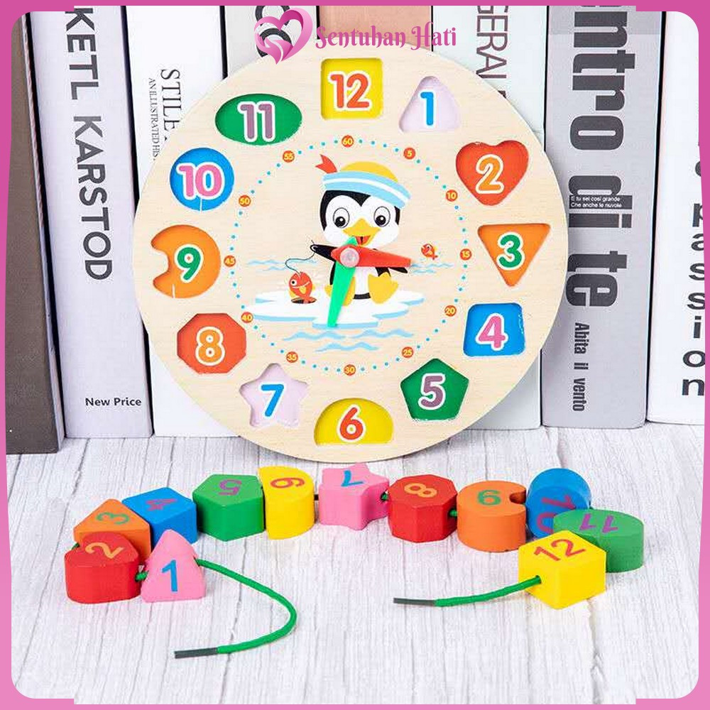 Jual Puzzle Kayu Jam Geometri Motif Penguin Wooden Clock Game / Puzzle ...