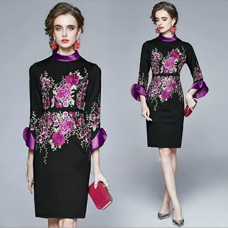 Jual midi dress sleeve floral flower bordir embroidery orang tua ...