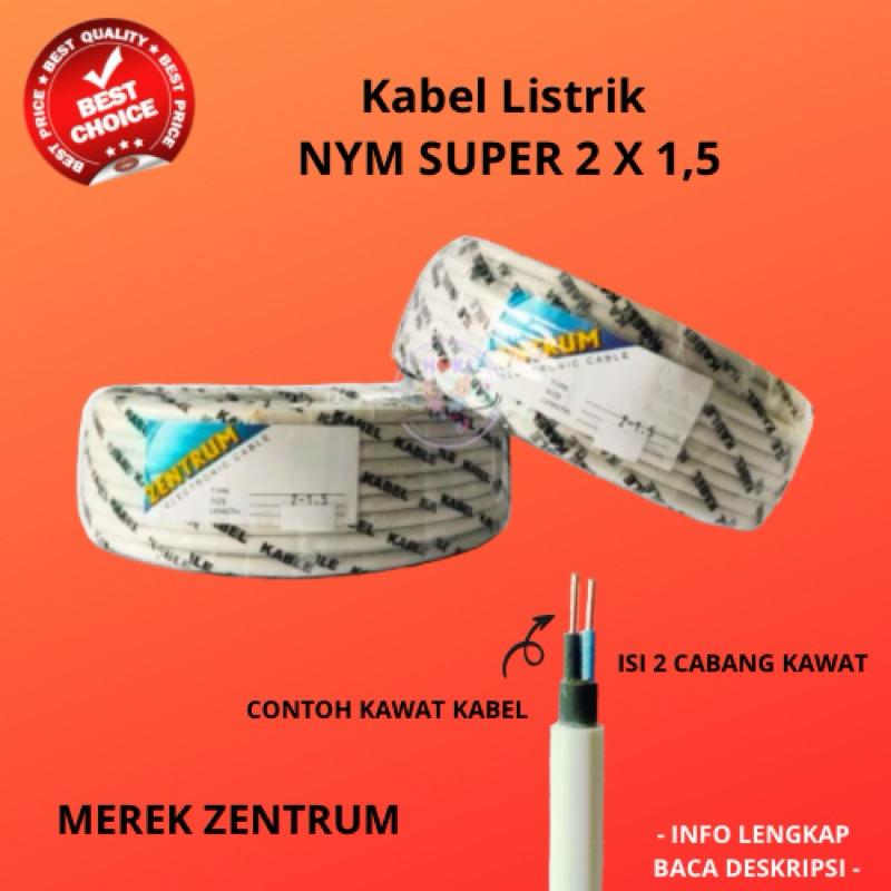 Jual Kabel Listrik Kawat NYM SUPER 2 x 1,5 Merek Zentrum (30 Meter ...