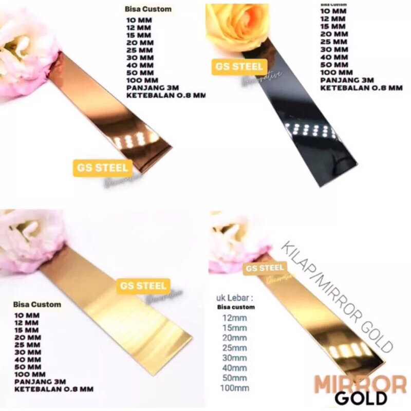 Jual LIST PLAT STRIP MIRROR GOLD ROSE GOLD BLACK MIRROR GOLD HAIRLINE ...