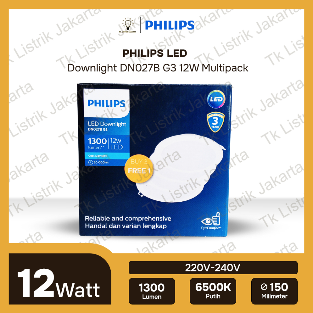 Jual Lampu Downlight LED Plafon isi 4 Philips DN027B G3 Pack 12W 6 Inch D150 6500K Putih Inbow ...
