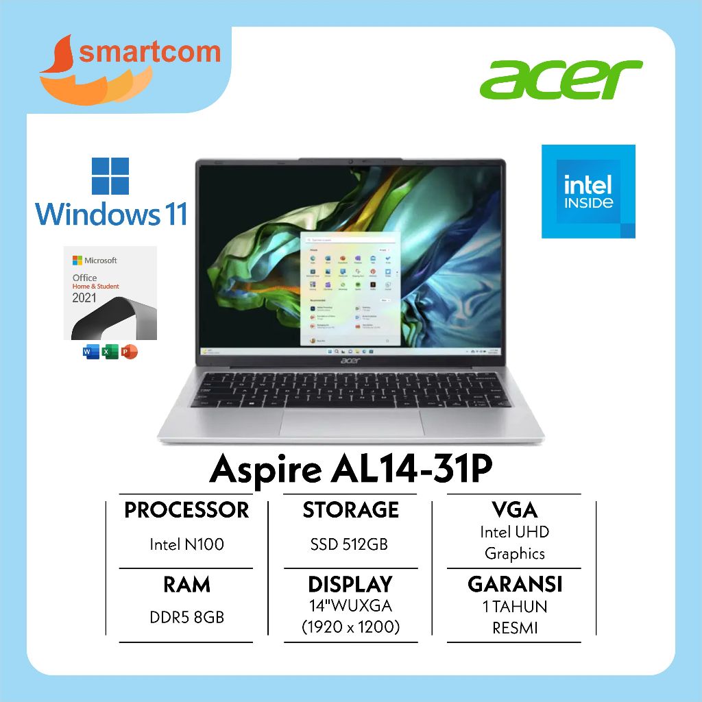 Jual Acer Aspire Lite AL14-31P Intel N100 8GB 512GB SSD 14″ WUXGA IPS ...