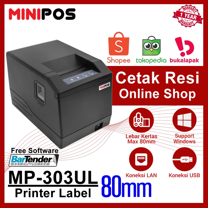 Jual Printer Barcode Thermal Label Harga MP-303UL 80mm Koneksi USB LAN Bisa Sticker Resi Struk 3 ...