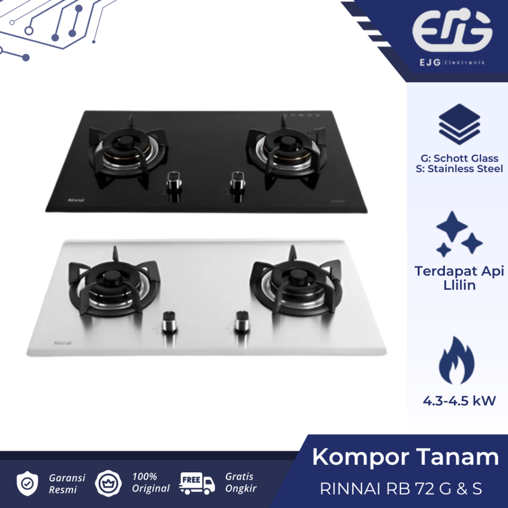 Jual Rinnai Kompor Tanam RB 72G RB 72S Kompor Tanam Gas Temperd Glass & Stainless Steel Built In ...