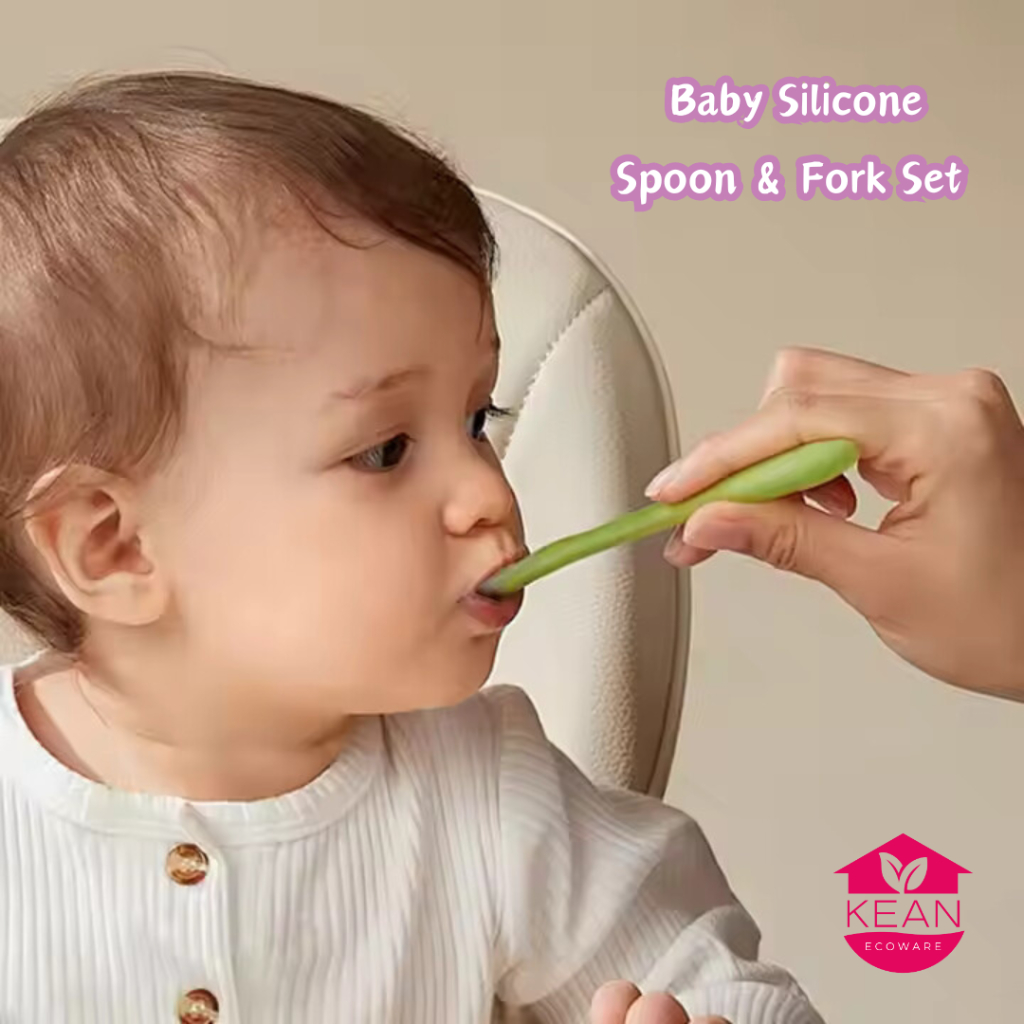 Jual Kean Ecoware Baby Silicone Spoon & Fork Set Sendok Silikon Anak ...
