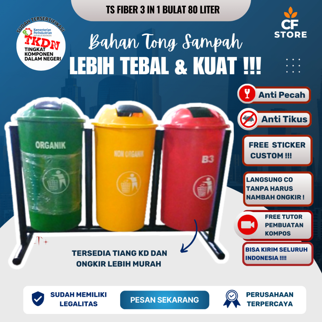Jual Tempat Sampah Fiber Bulat 3 IN 1 80 Liter,Tong Sampah, Bak Sampah ...