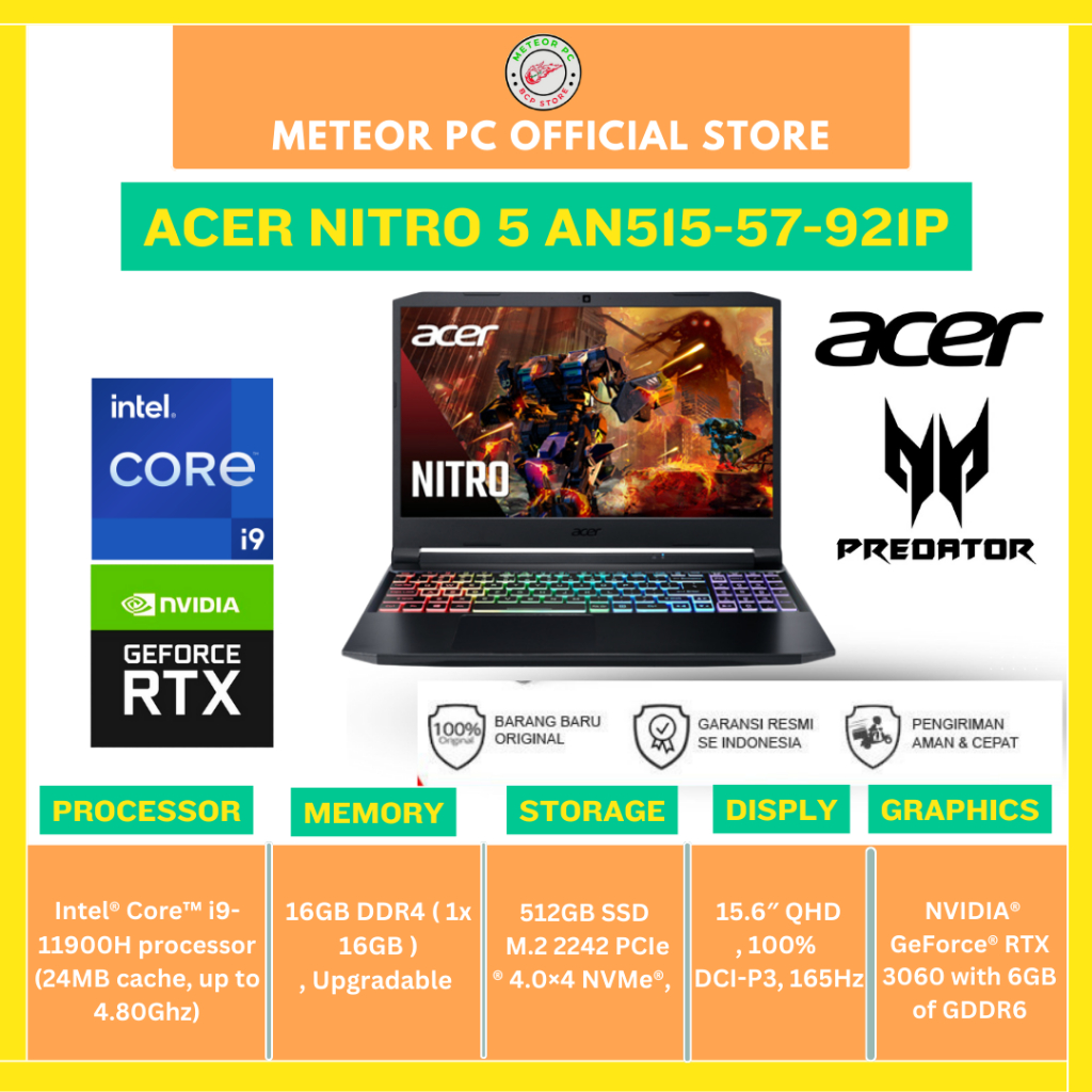 Jual Acer Nitro 5 AN515-57-921P / Core i9-11900H/32GB/512GB SSD/RTX3060 6GB/15.6″/Win 11 Home ...