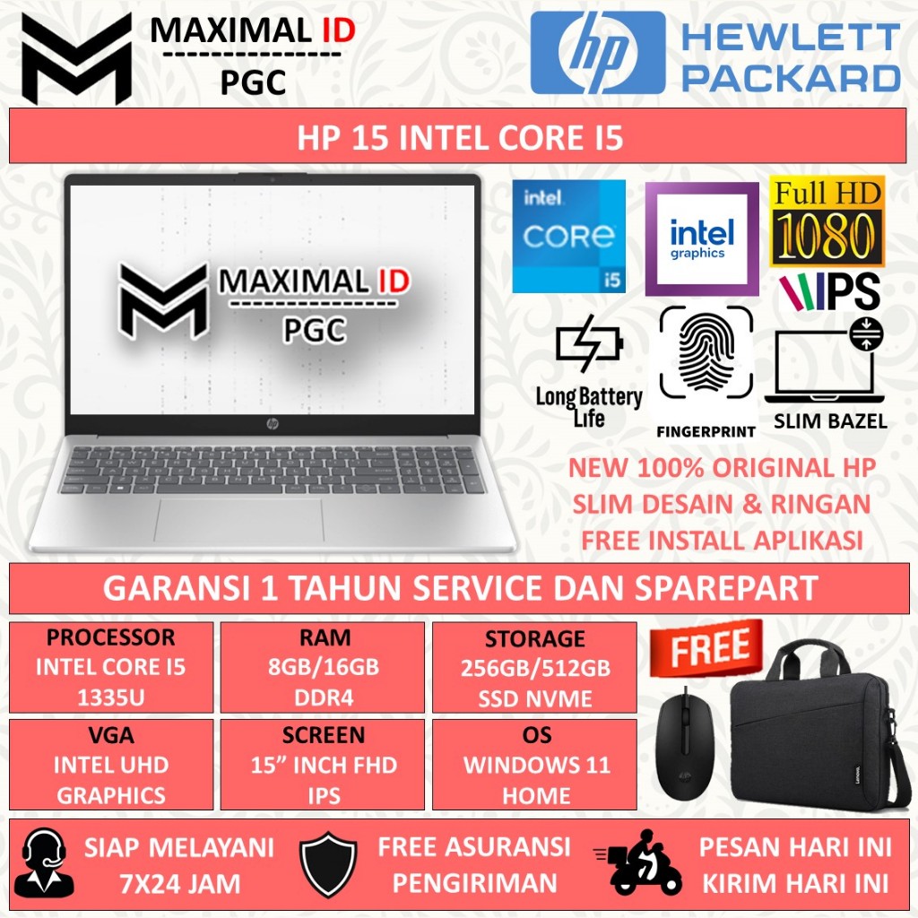 Jual LAPTOP HP 15 INTEL CORE I5 1335U RAM 16GB 512GB SSD FULL HD IPS FINGERPRINT WINDOWS 11 HOME ...
