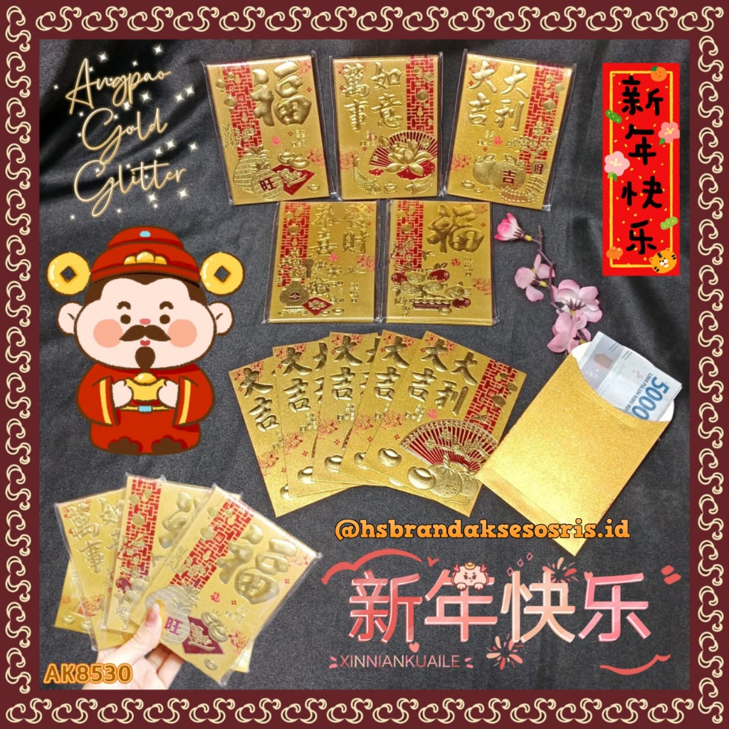 Jual (6PCS) ANGPAO FU EMAS GLITTER IMPORT PREMIUM / ANGPAO GOLD BAHAN ...