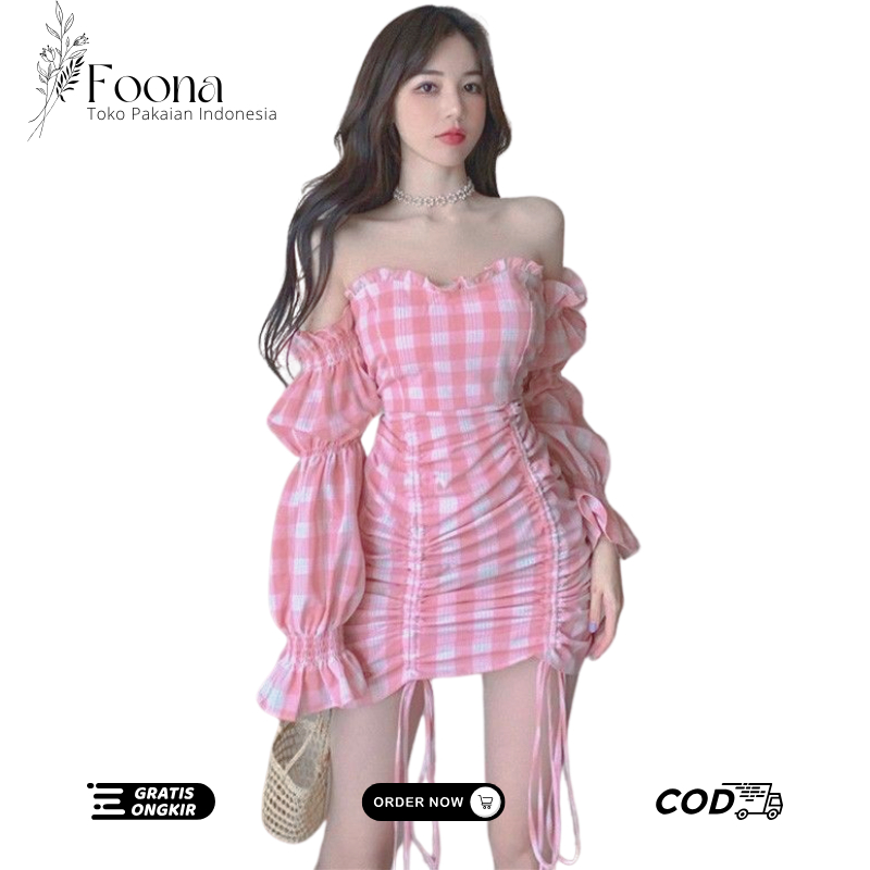 Jual Foona - DR355 Mini Dress Sabrina Motif Kotak Pink Korean Cute Dress Korean Style | Shopee ...