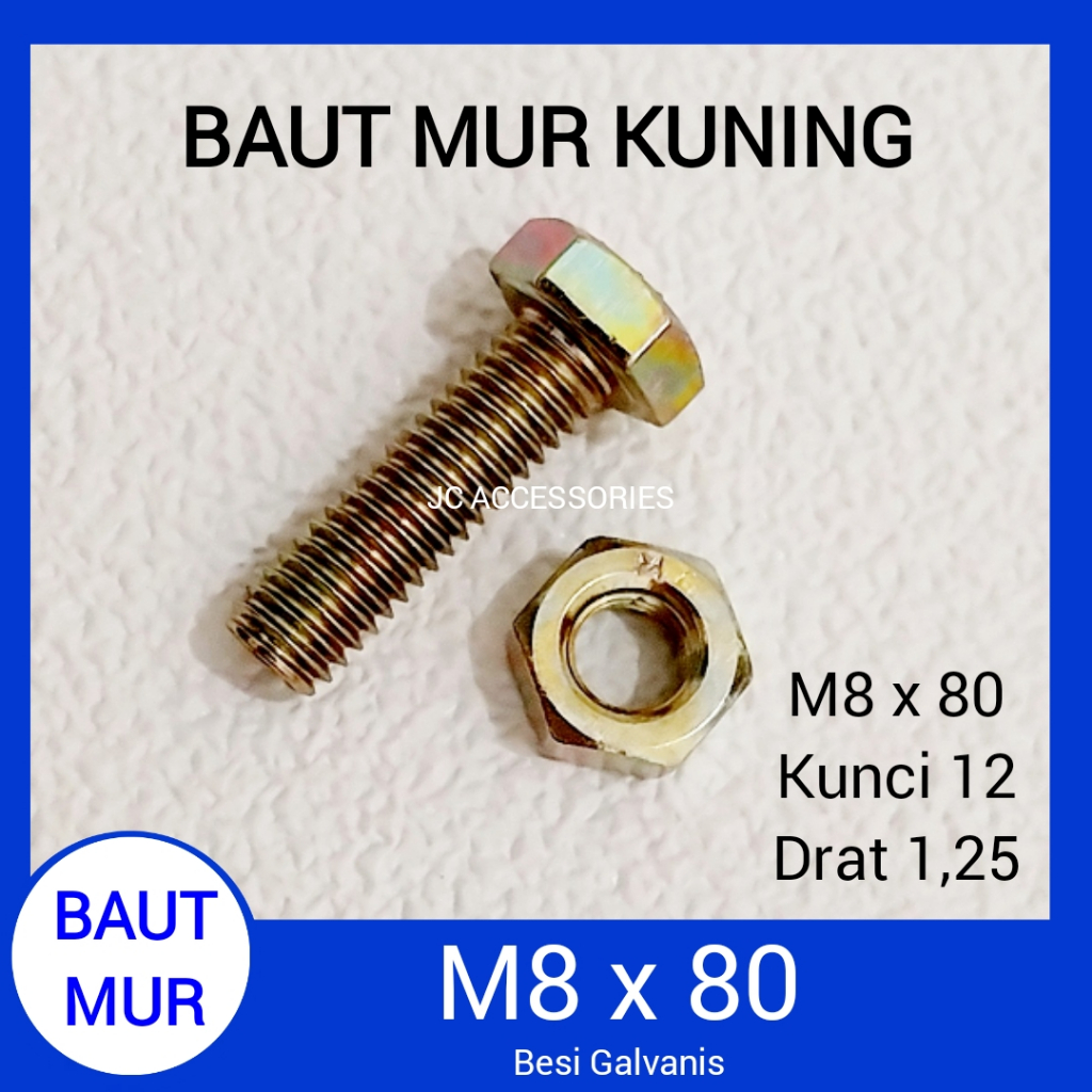 Jual BAUT MUR KUNING M8x80 KUNCI 12 PITCH 1,25 BMK 8X80 M8 x 80 BMH ...