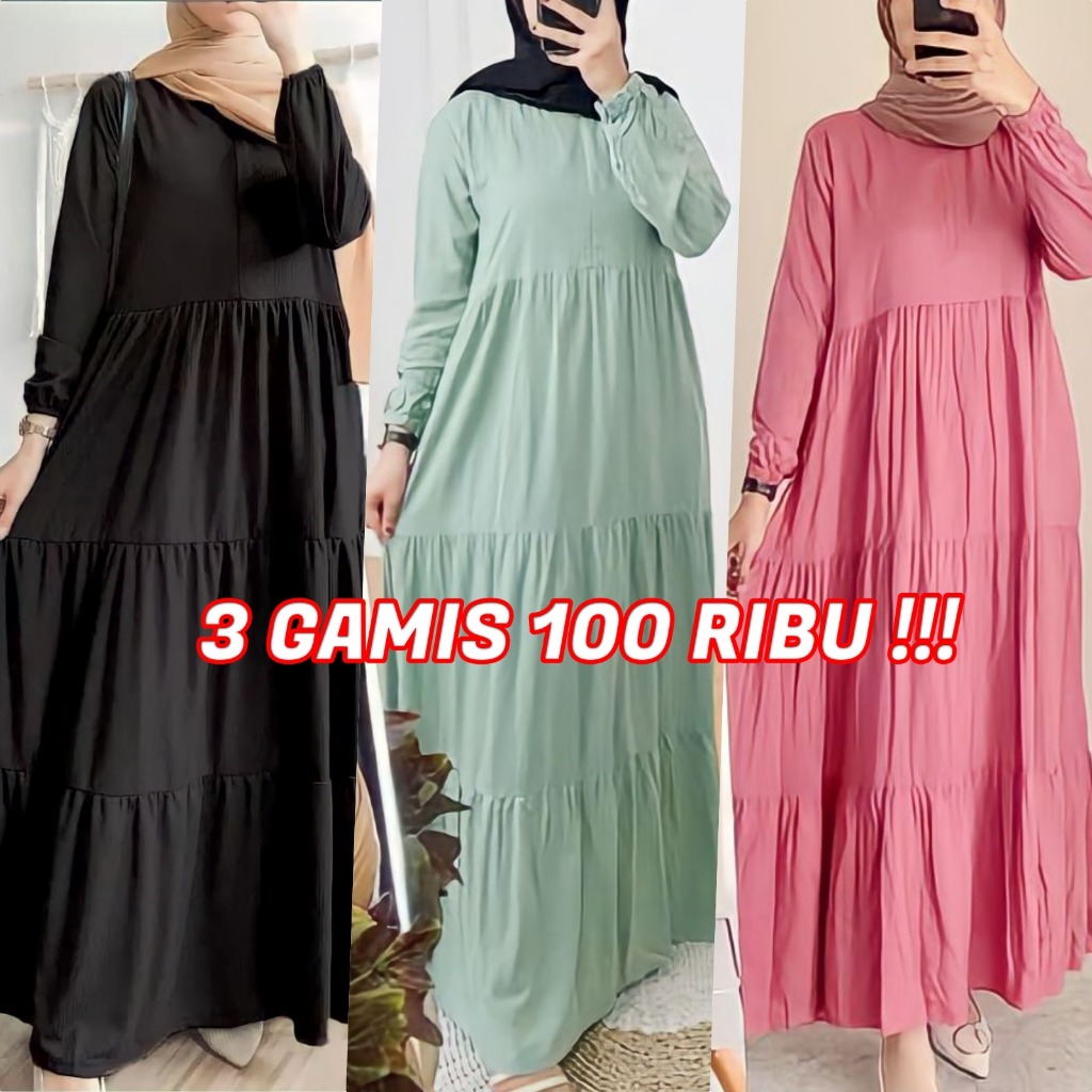 Jual PROMO 100 3 PCS Gamis Polos Rempel Susun Bahan Katun premium ...