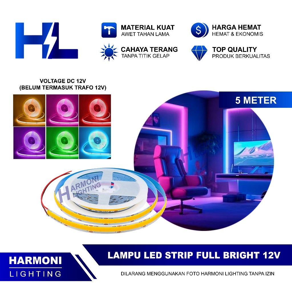 Jual LED Strip COB 12V 5 Meter - Terang 12 Volt 5M Warna Merah, Biru ...