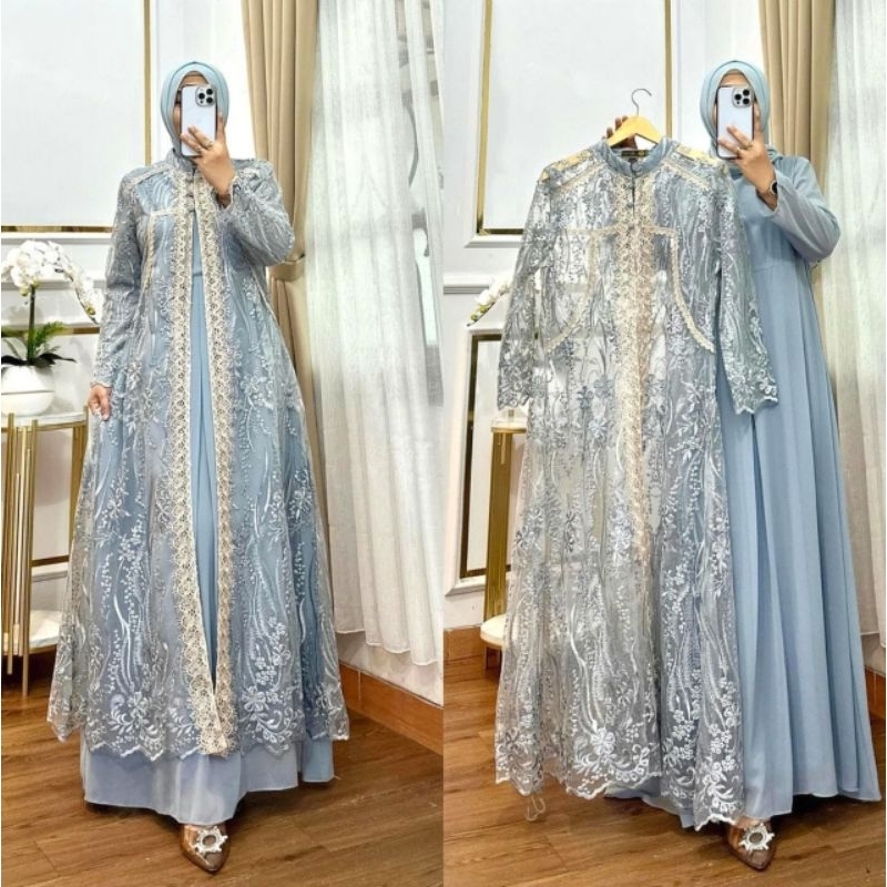 Jual Gamis Set Outer Iner Ceruty Mix Brukat Renda Grey Mewah Fashion ...