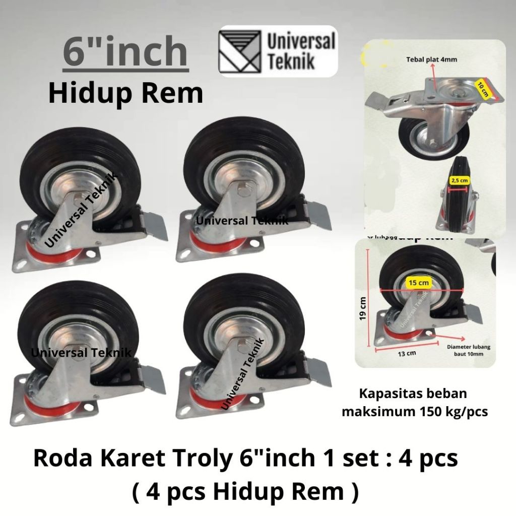 Jual Roda Troli 6 inch Roda Karet 6 inch 1 set = 4pcs ( Hidup Rem ...