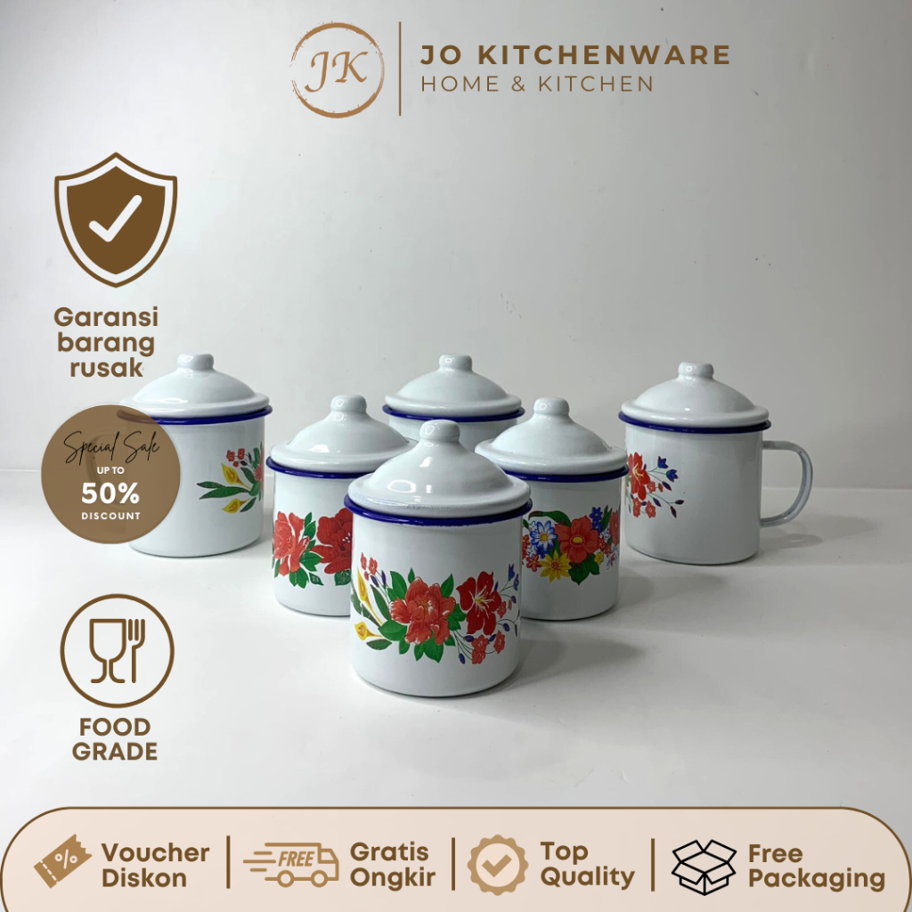 Jual MUG enamel jadoel motif kembang dengan tutup gelas muf enamel seng ...