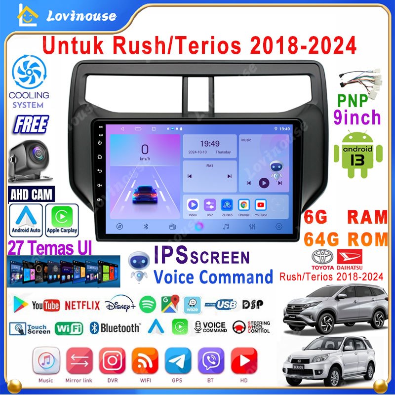 Jual 【Untuk Rush/Terios 2018-2024】6G+64G Android 13 Head Unit Termasuk Frame/PNP Soket 9 Inch ...