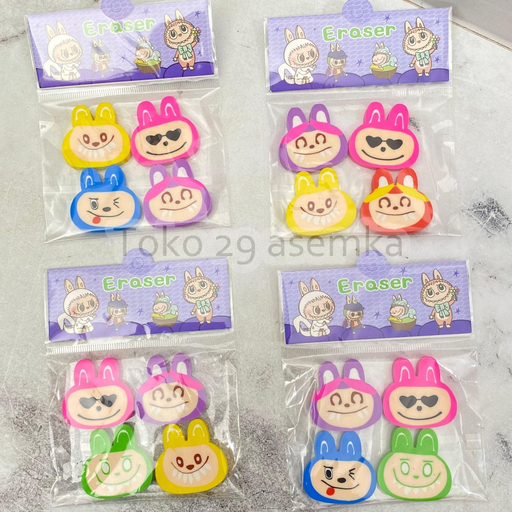 Jual PENGHAPUS GEPENG KEPALA LABUBU ISI 4PCS ER-1715 KARAKTER ERASER ...