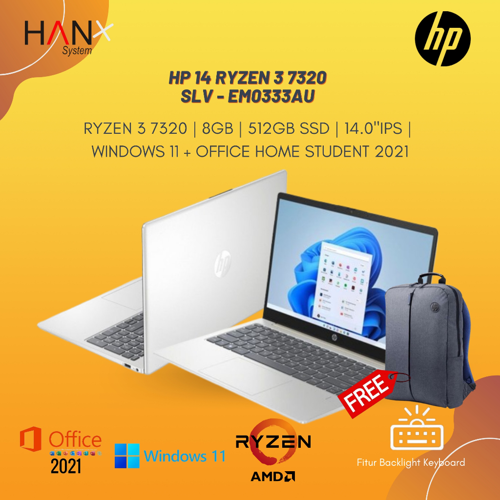 Jual HP 14 RYZEN 3 7320 8GB 512GB W11+OHS 14.0FHD IPS BLIT 2Y SLV ...
