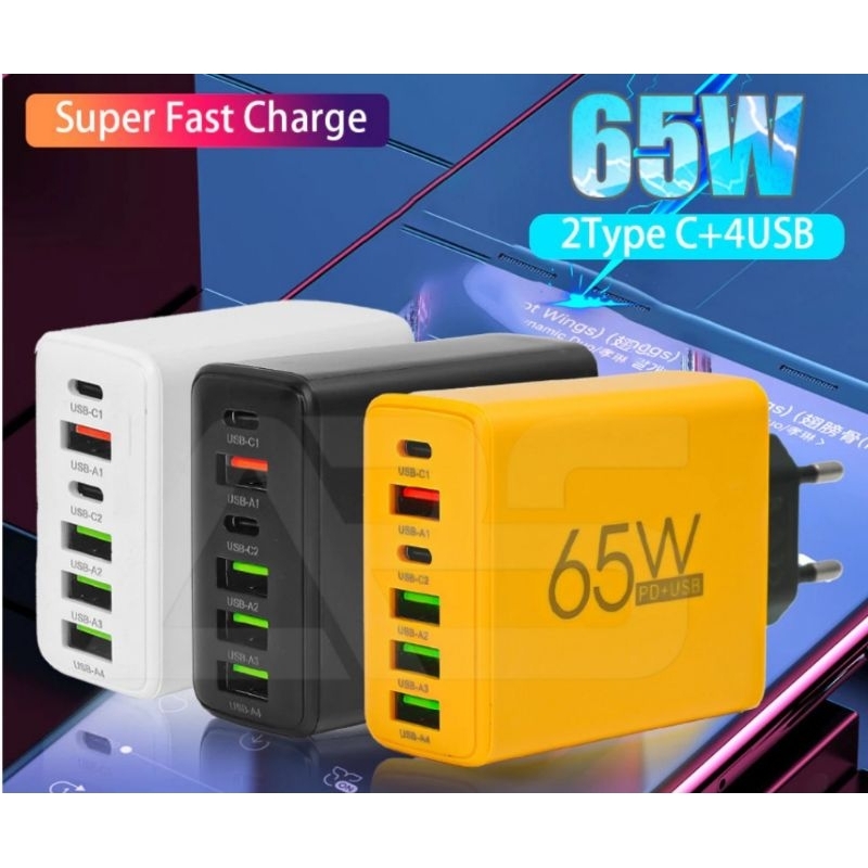 Jual kepala charger batok charger 65w fast charger 4 port usb A + 2 ...