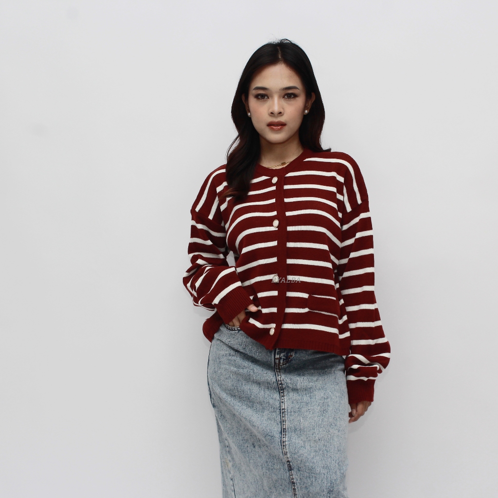 Jual Cardigan Rajut Wanita Premium Sweater Cardy Stripe Style Korean Kardigan Knit Kancing Jisoo ...