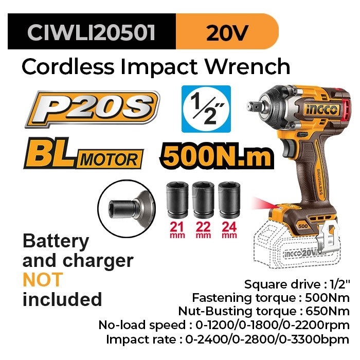 Jual Cordless Impact Wrench Brushless 500Nm INGCO CIWLI20501 Sok Socket ...