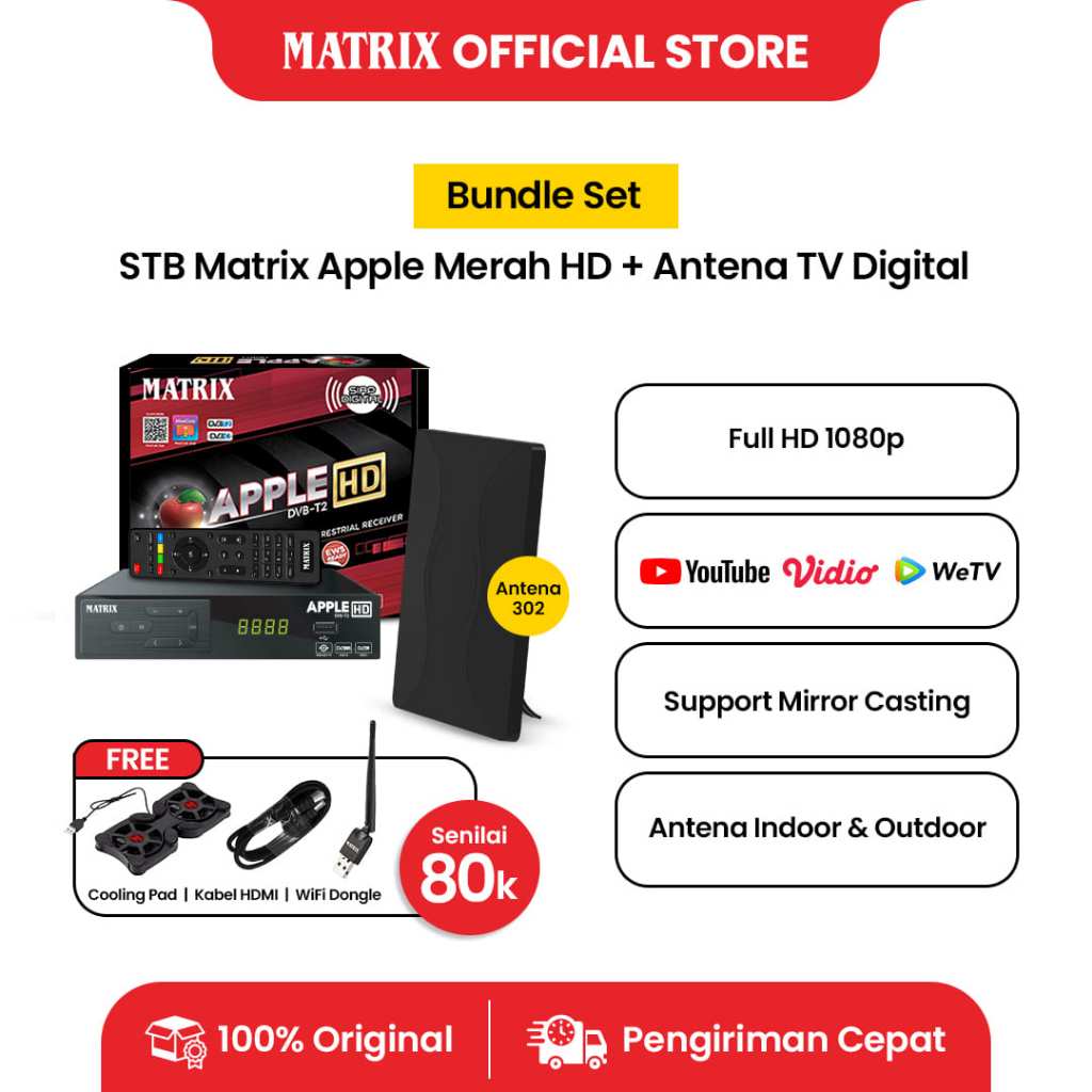 Jual Bundle MATRIX Set Top Box Apple Merah DVBT2 HD + Antena TV Digital ...