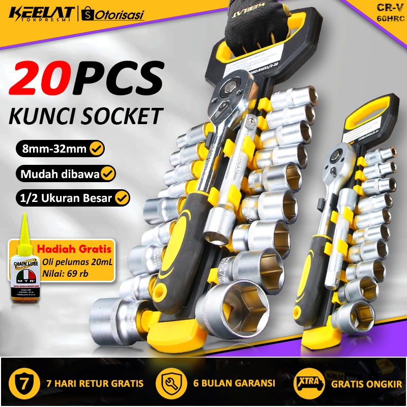 Jual KEELAT Kunci Socket Shock Set 20PCS 1/2 8-32mm【60HRC】CR-V Socket Wrench Tool Kit Lengkap ...