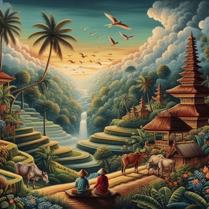 Jual hiasan dinding lukisan cetak pemandangan alam sawah Bali plus ...