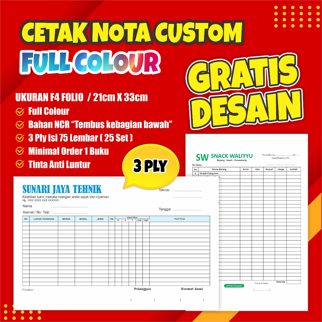 Jual Cetak Nota Full Colour 3 Ply Ukuran A4/F4, Cetak Nota Custon Nama ...