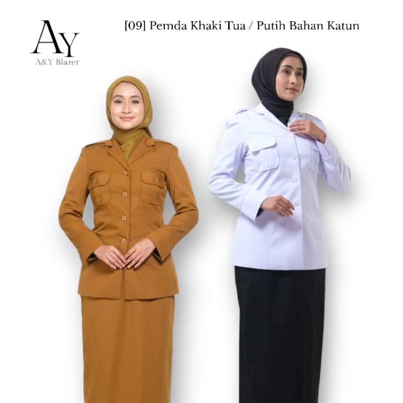 Jual [09] A&Y Blazer Baju Seragam SAKU DADA PEMDA PDH Guru / PNS Wanita Warna Khaki Tua & Putih ...