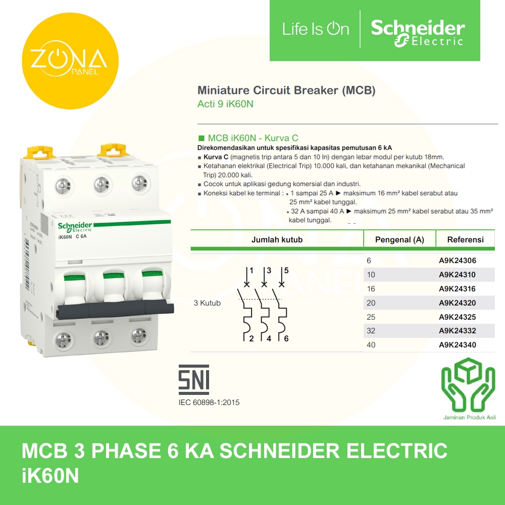 Jual MCB SCHNEIDER iK60N 6kA 3 PHASE 3P 6A 10A 16A 20A 25A 32A 40A ...