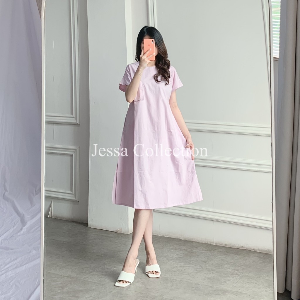 Jual Teora Dress TH 1104 KATUN OXFORD Gaun Midi Wanita Simple Tangan Pendek Motif Polos ...