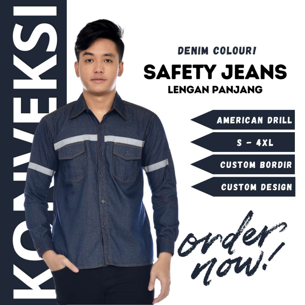 Jual Baju Kemeja Safety Jeans K3 Lengan Panjang - Seragam Kerja Atasan ...