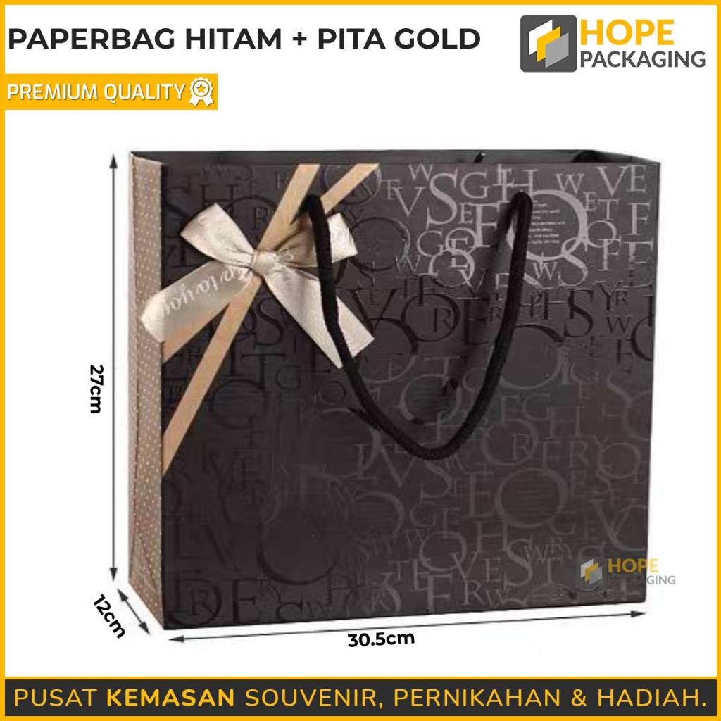 Jual Paper Bag Hitam + Pita Gold / Paper Bag Import / Tas Kado / Goodie Bag Souvenir Hampers ...