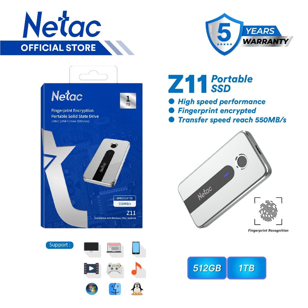 Jual Netac Z11 External Portable SSD 500GB/1TB USB 3.2 Gen 2x2 Type-C up to 550MB/s Fingerprint ...